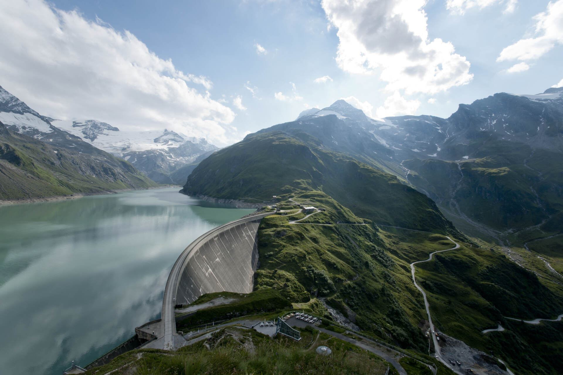 Alpine reservoir Kaprun and barrier lake Glockner